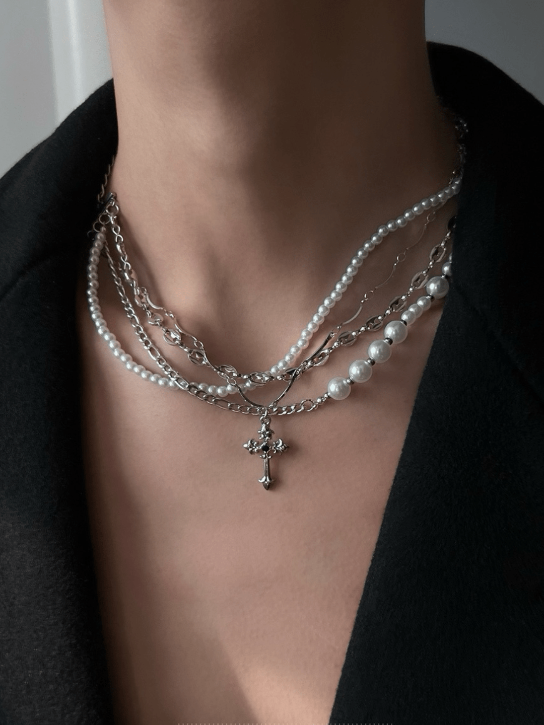 [CHEALIMPID] California Cross Multi-Layer Pearl Necklace na936 – Nanostudio