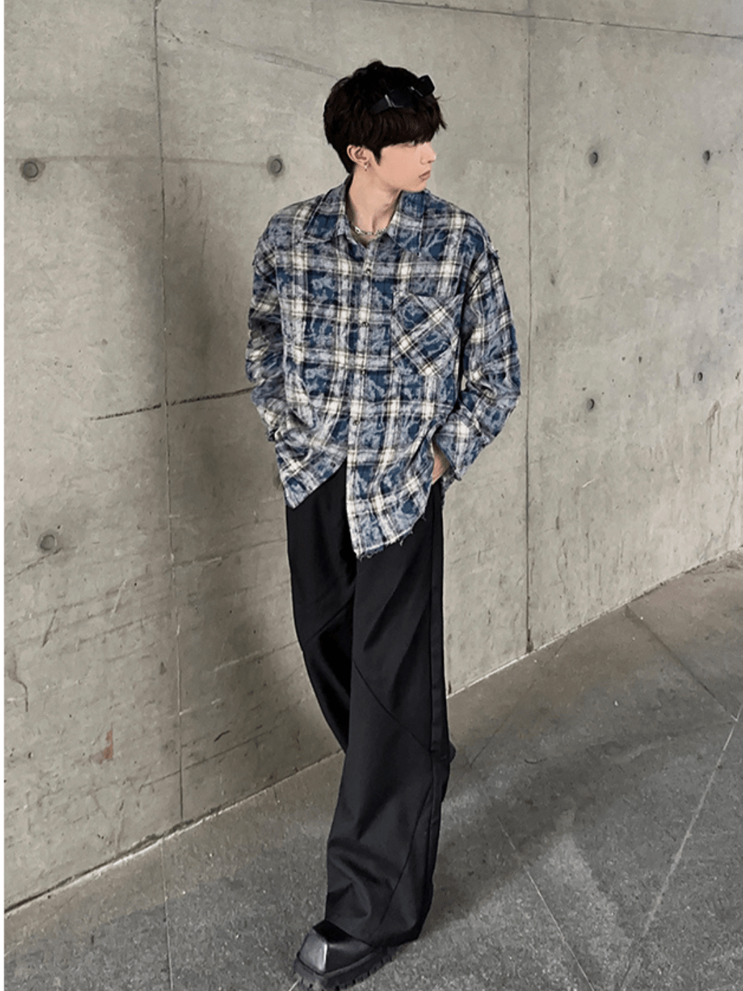 [JM HOMME] distressed raw edge plaid shirt na836 – Nanostudio