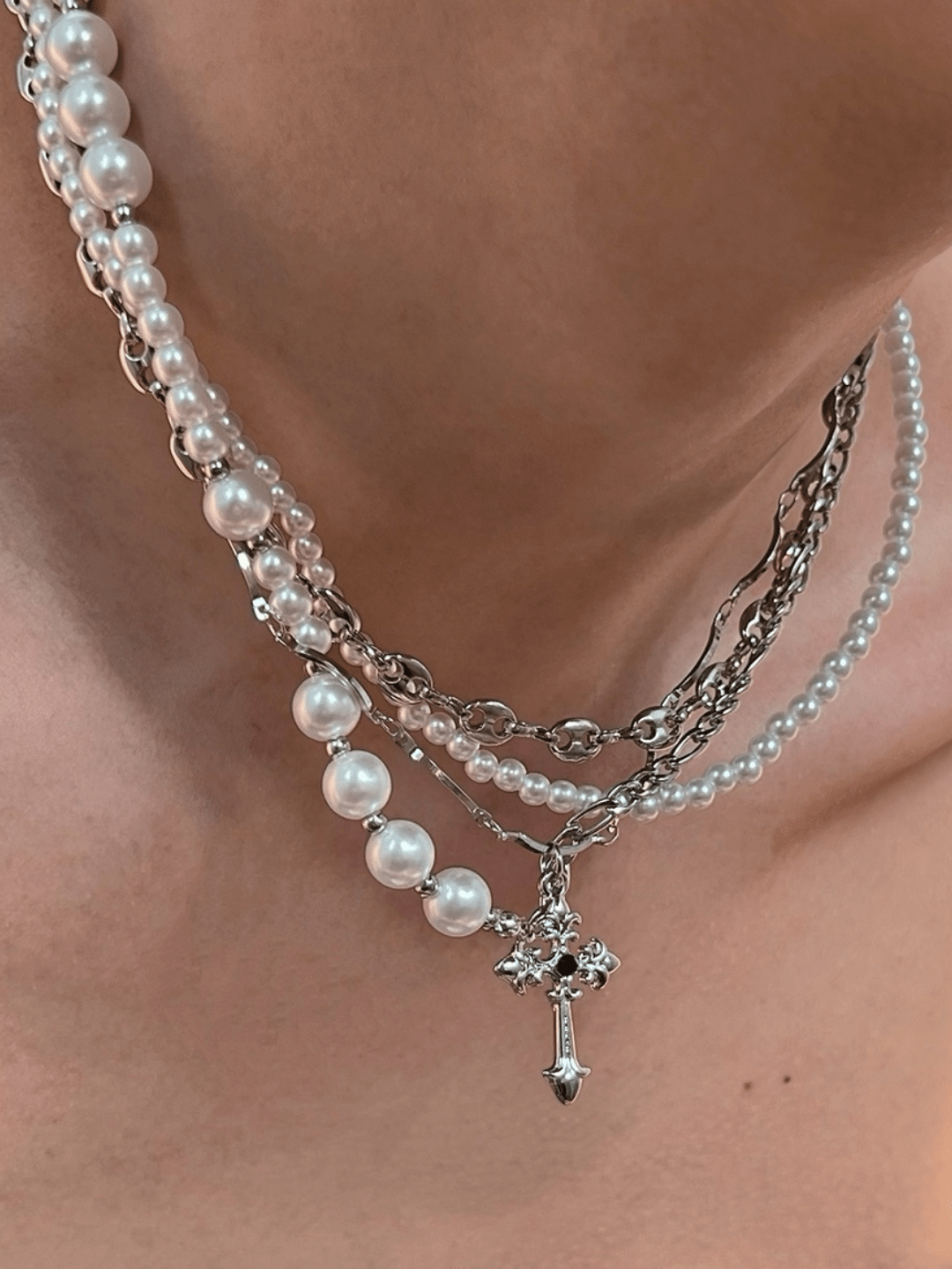 [CHEALIMPID] California Cross Multi-Layer Pearl Necklace na936 – Nanostudio